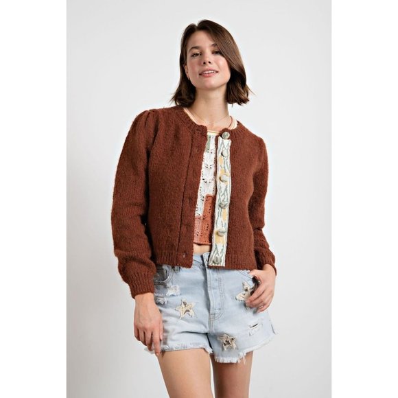 easel | Sweaters | Easel Brown Button Down Knitted Round Neckline ...